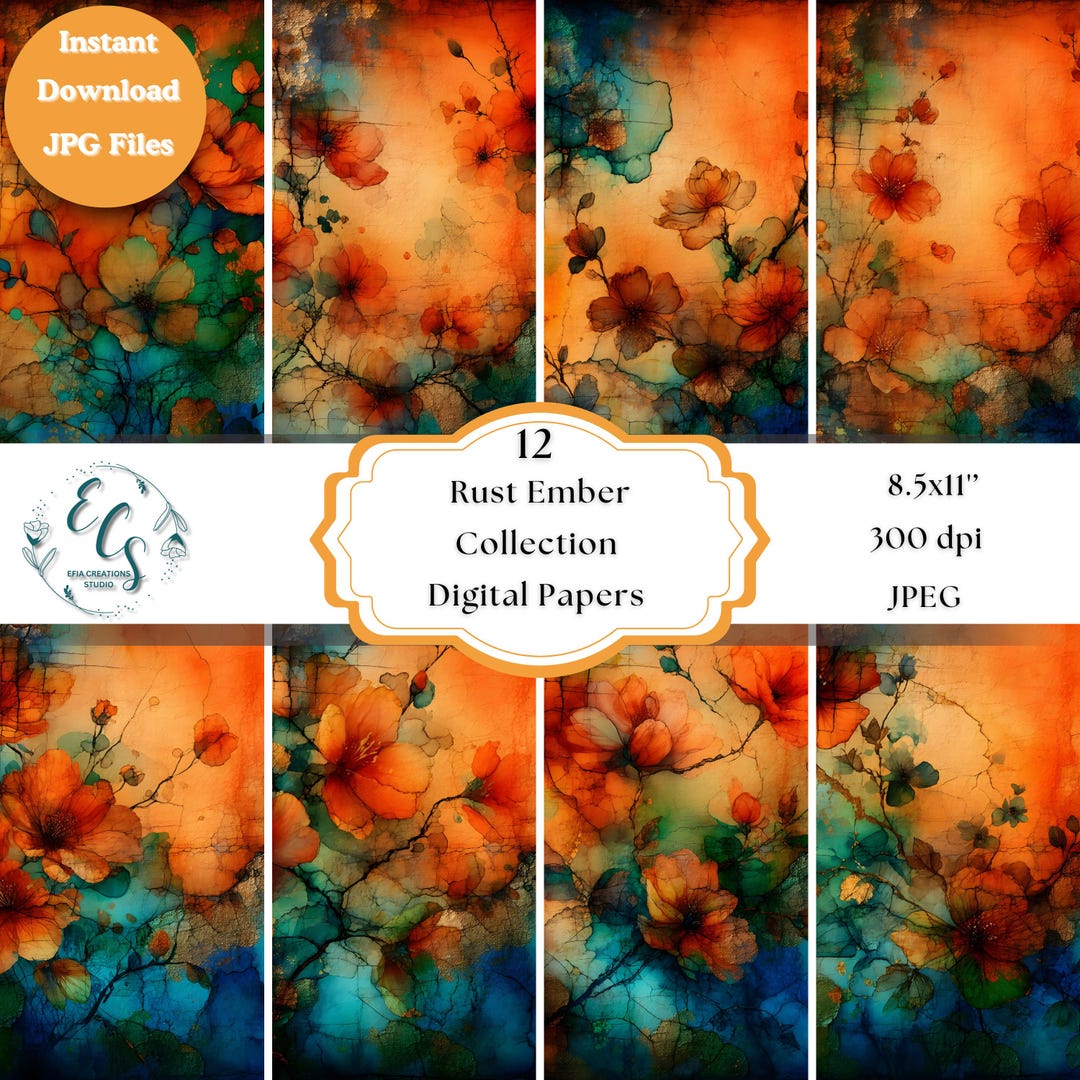 Rust Ember Collection 12 Autumn Floral Art Prints 8.5x11 Inch Set Burnt ...