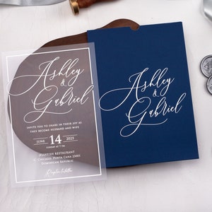Personalized Navy Blue and Silver Acrylic Wedding Invitation With ...