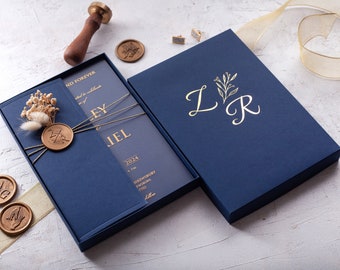Navy Blue and Gold Wedding Invitation Box, Gold Foil Acrylic Wedding ...