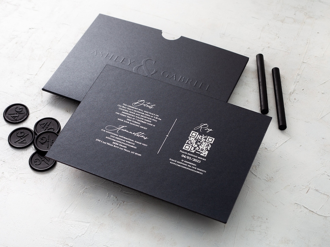 Embossed Black Wedding Invitation Set With Foil Detail, Elegant ...