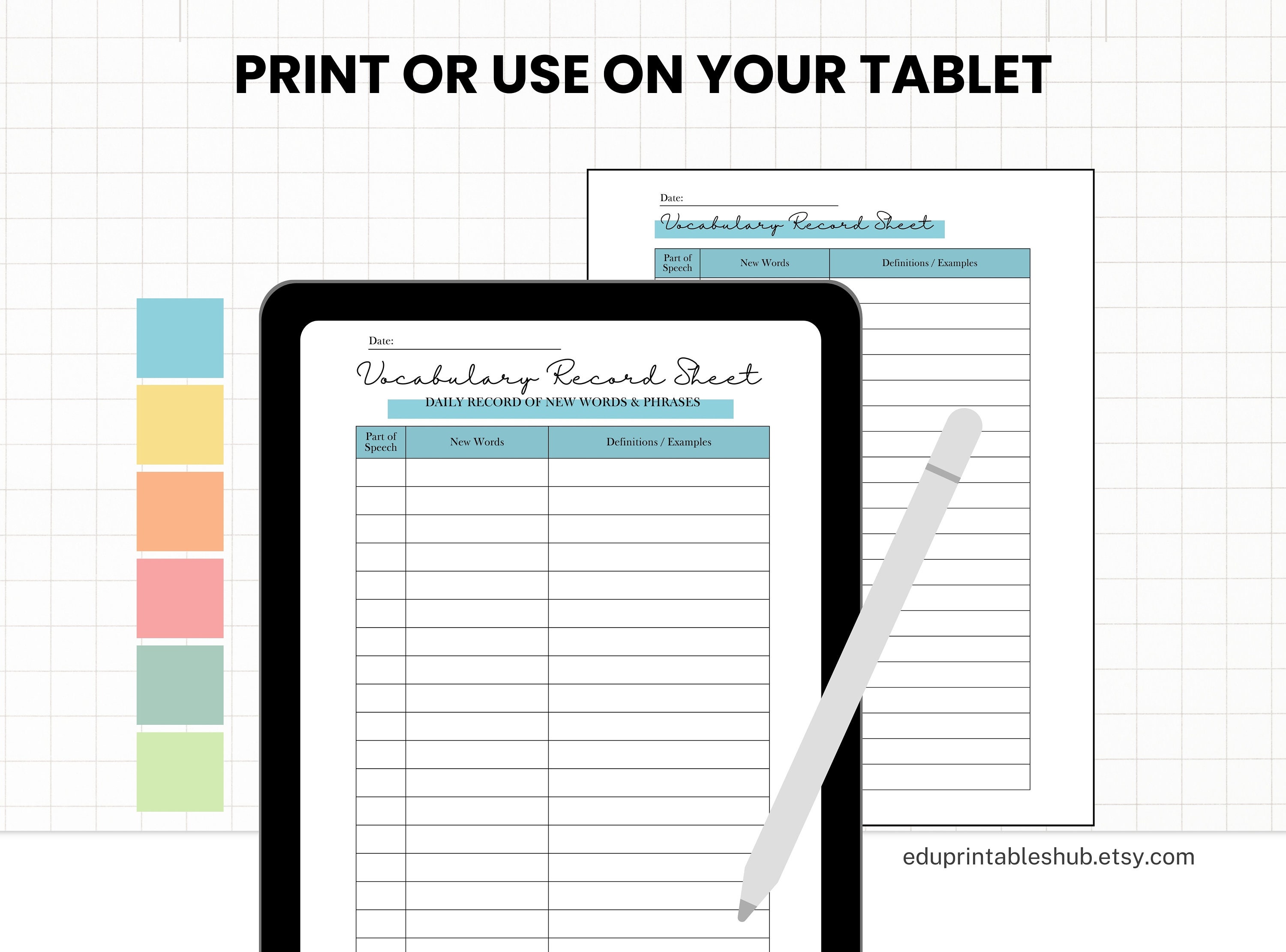 Vocabulary List Printable I Vocabulary Record Sheet I Colorful Tracker ...