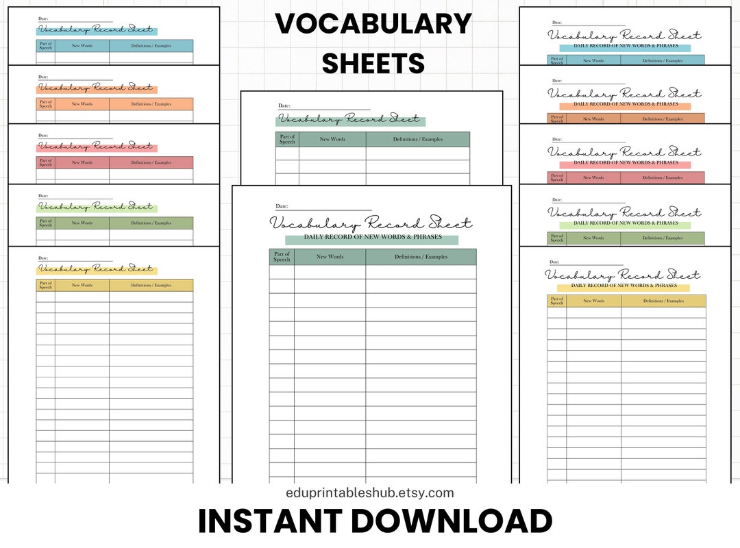 Vocabulary List Printable I Vocabulary Record Sheet I Colorful Tracker ...