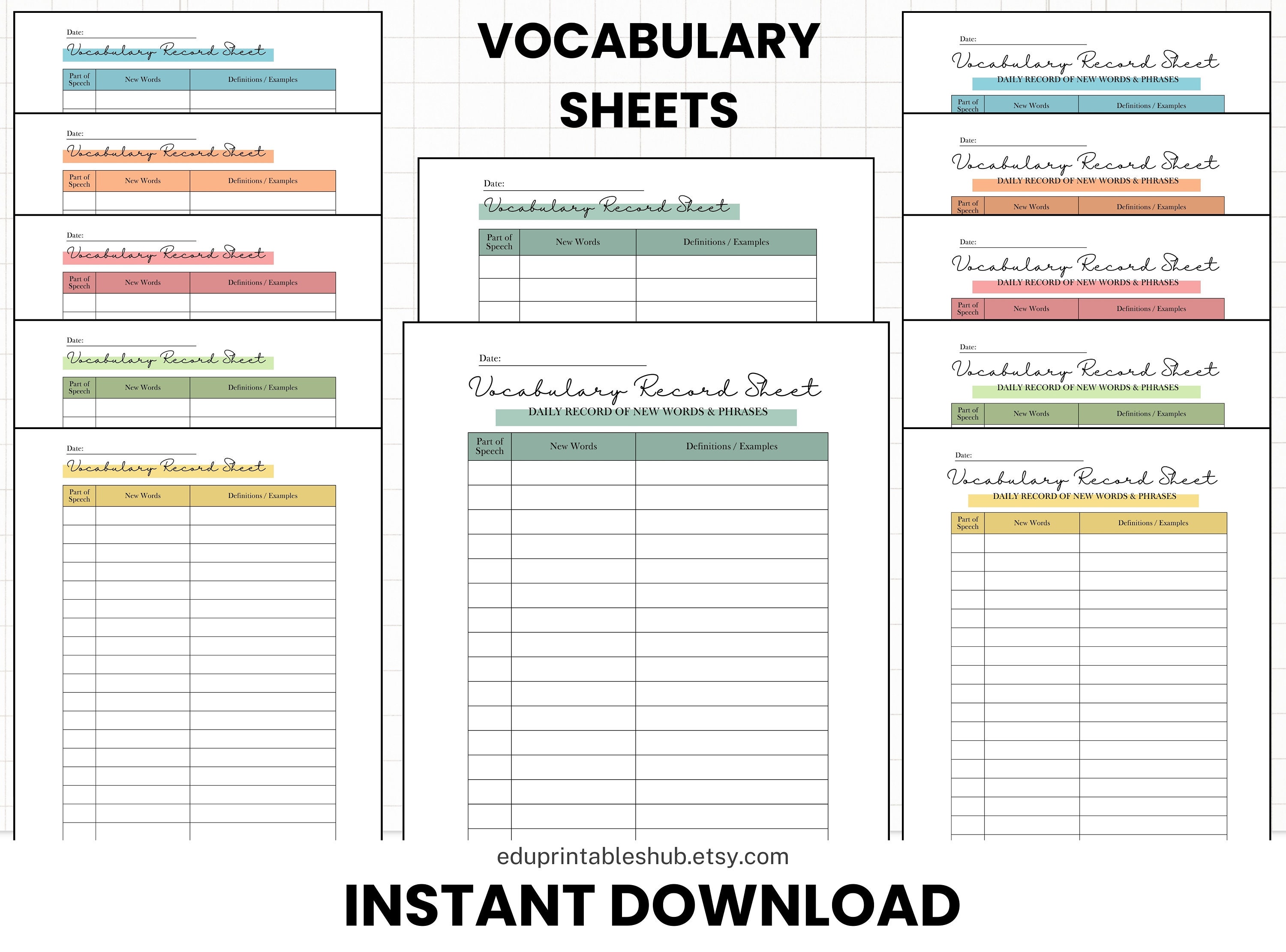 Vocabulary List Printable I Vocabulary Record Sheet I Colorful Tracker ...