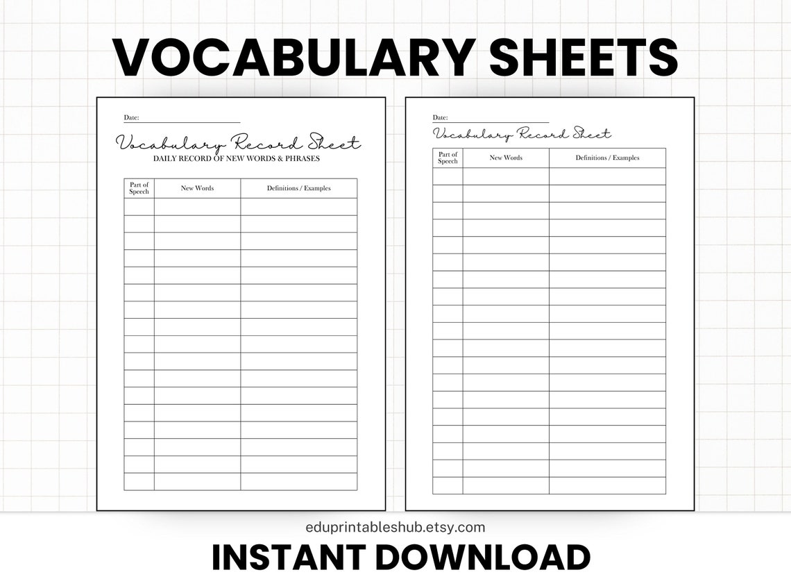 Vocabulary List Printable I Goodnotes Digital Vocabulary Record Sheet I ...
