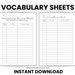 Vocabulary List Printable I Goodnotes Digital Vocabulary Record Sheet I ...