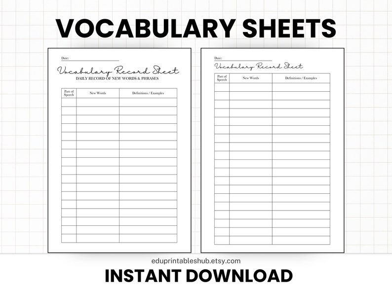 Vocabulary List Printable I Goodnotes Digital Vocabulary Record Sheet I ...