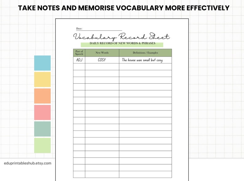 Vocabulary List Printable I Vocabulary Record Sheet I Colorful Tracker ...
