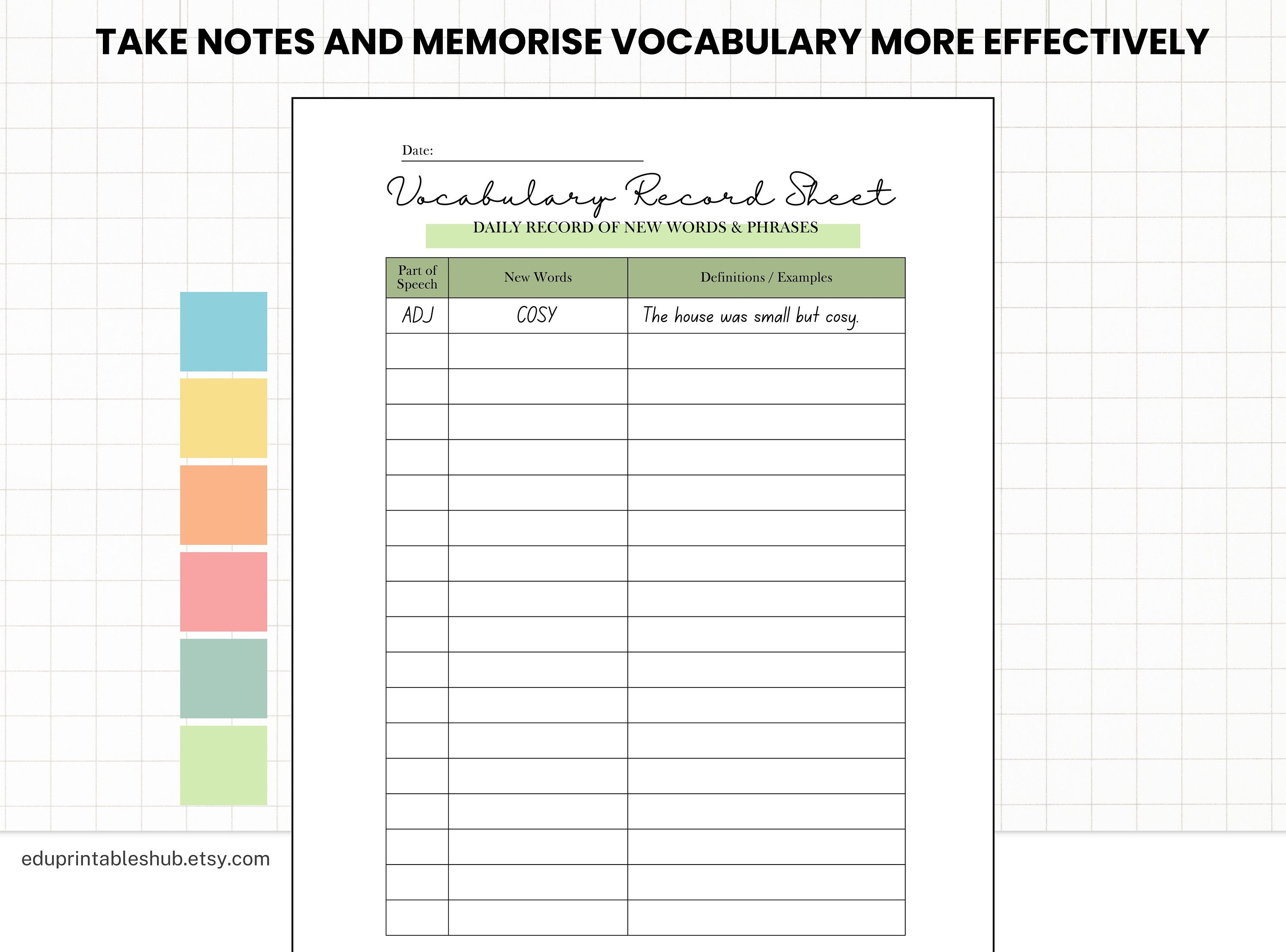 Vocabulary List Printable I Vocabulary Record Sheet I Colorful Tracker ...