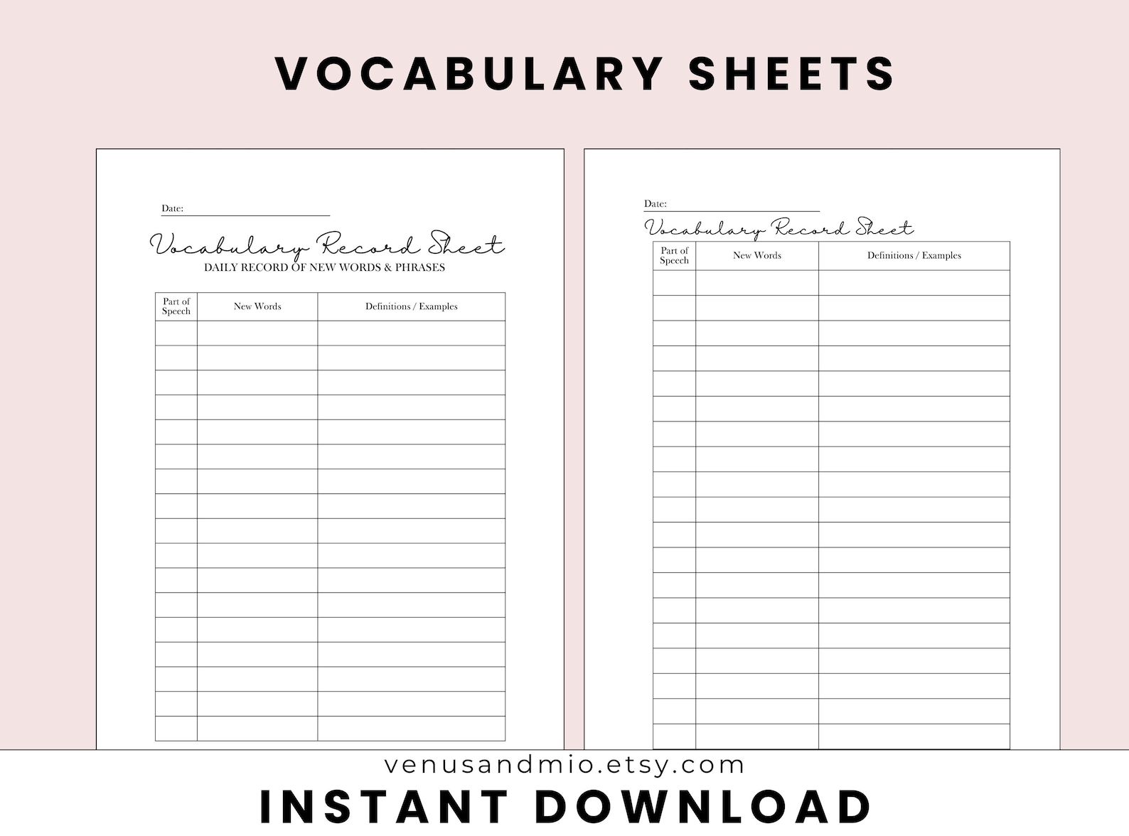 Vocabulary List Printable I Goodnotes Digital Vocabulary Record Sheet I ...