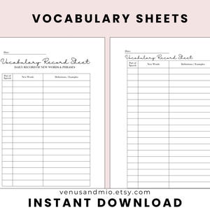 Vocabulary List Printable I Goodnotes Digital Vocabulary Record Sheet I ...