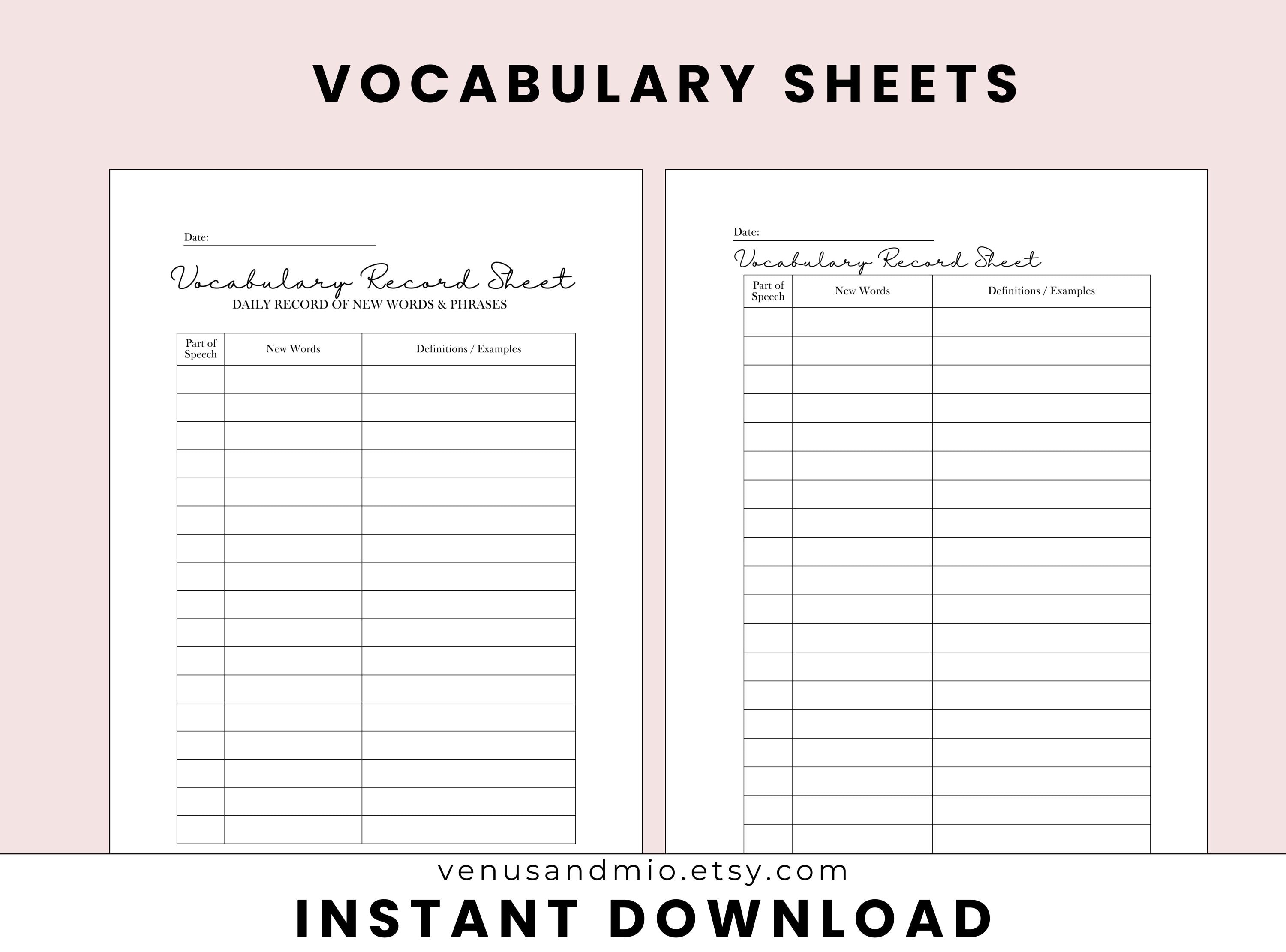Vocabulary List Printable I Goodnotes Digital Vocabulary Record Sheet I ...