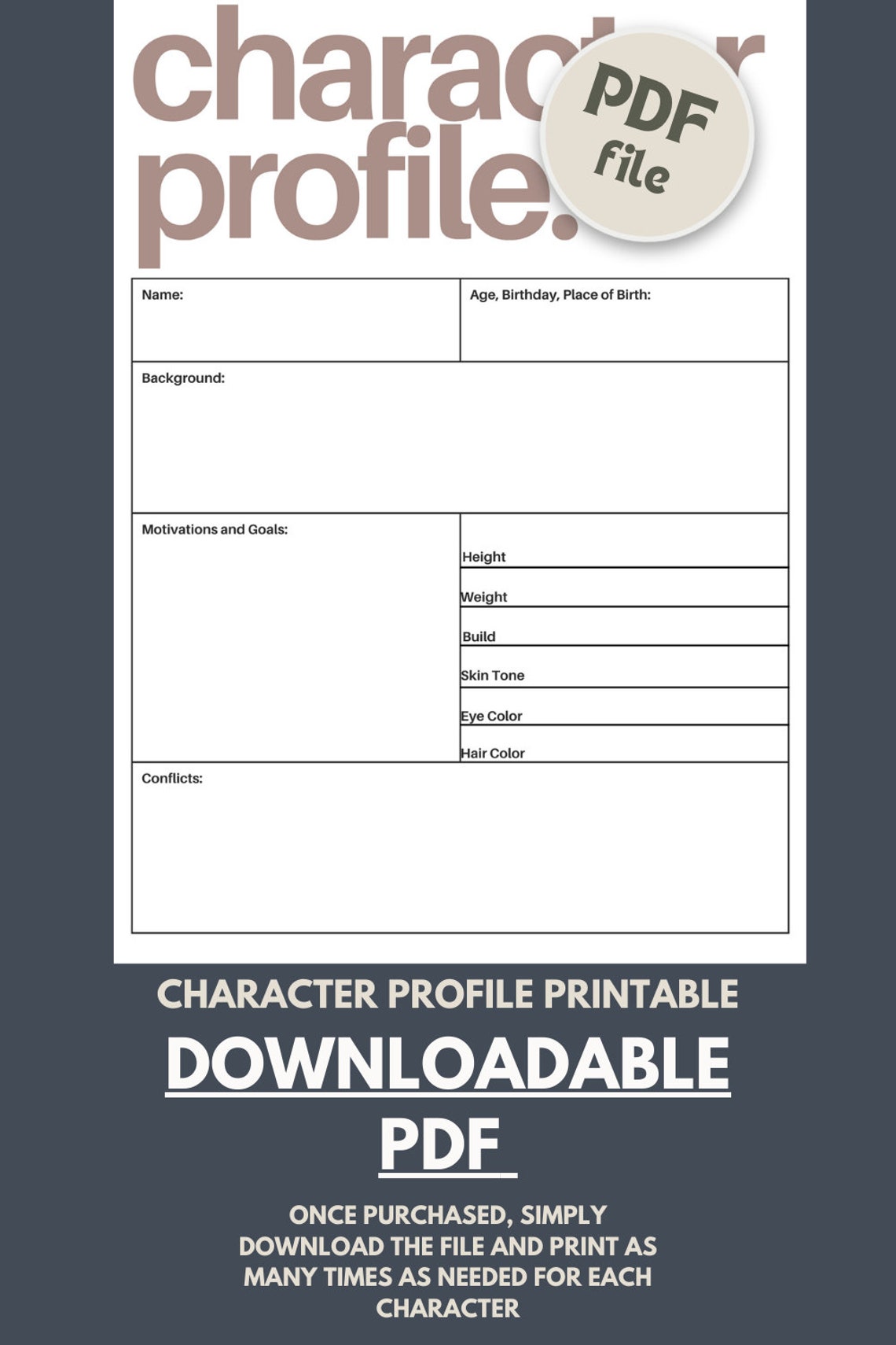 Character Profile Printable | Character Development Printable | Novel ...