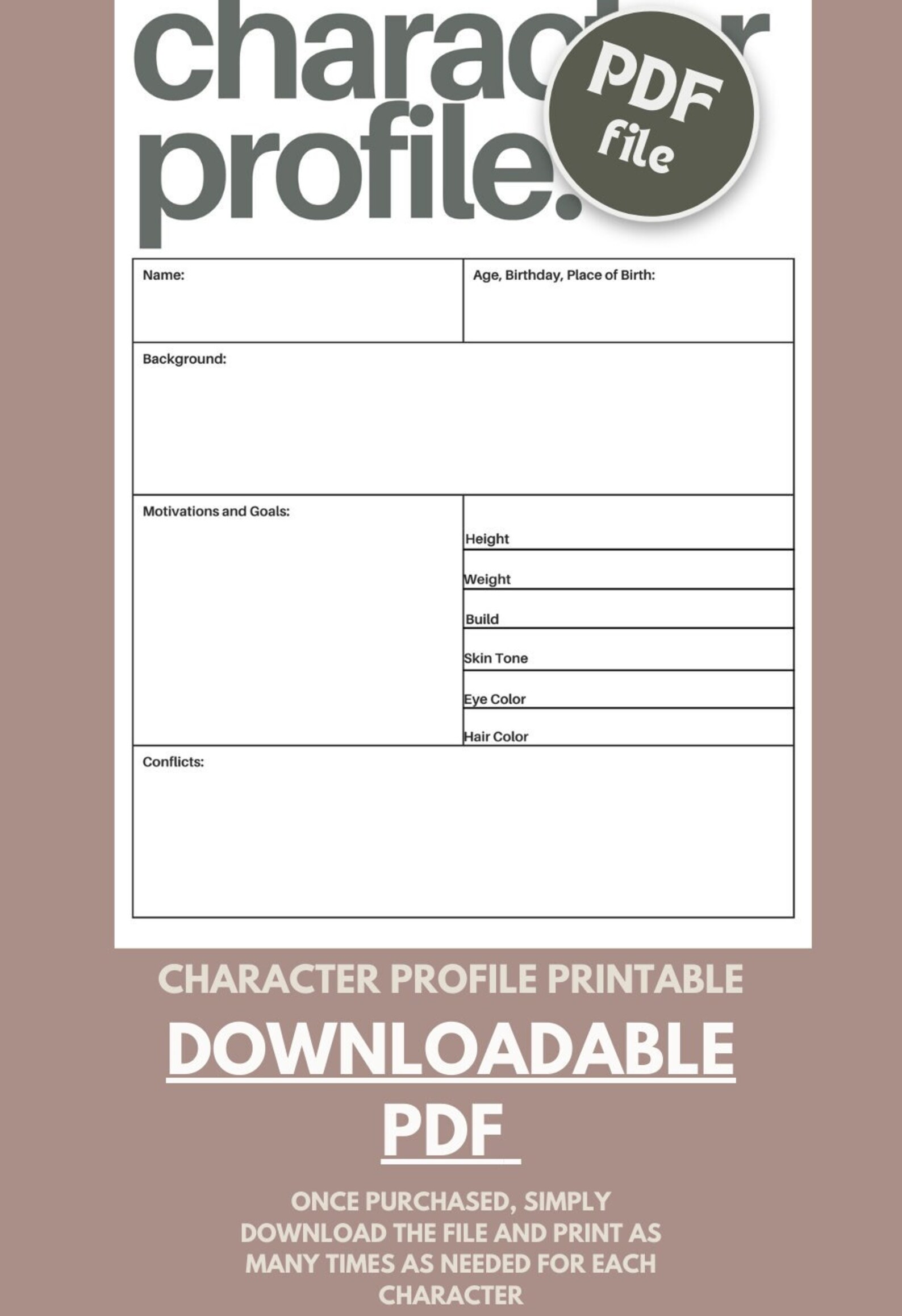 Character Profile Printable | Character Development Printable | Novel ...