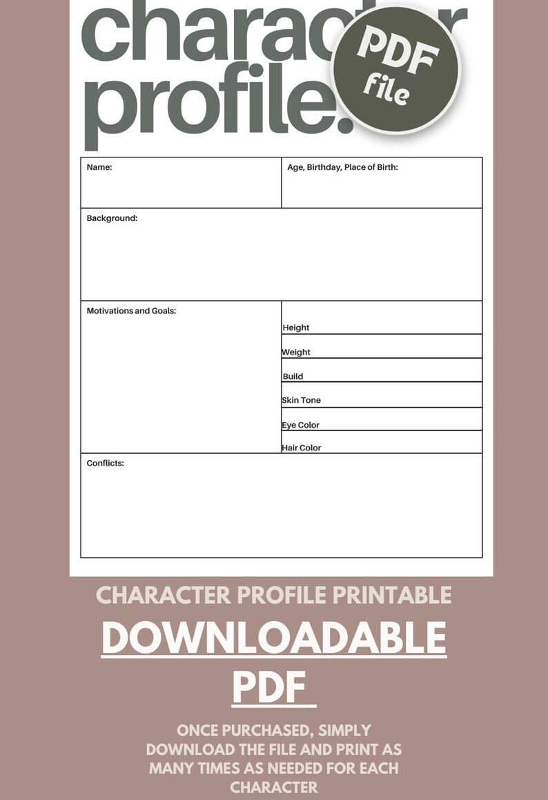 Character Profile Printable | Character Development Printable | Novel ...