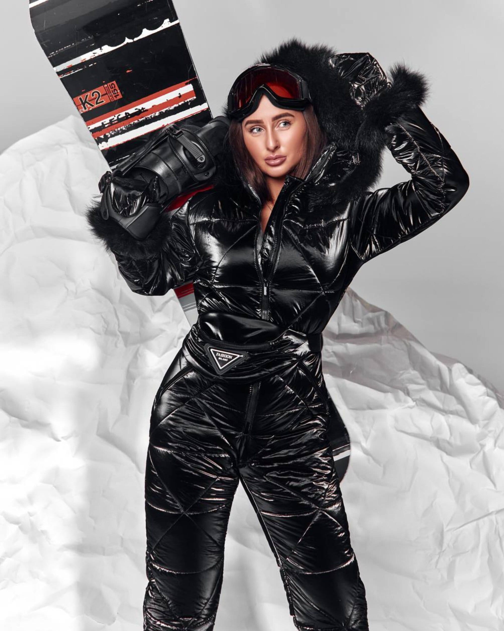 Women Black Ski Suit Jumpsuit Ski Outfit With Hood Ski Jumpsuit for Snowboarding Warm Snow ...