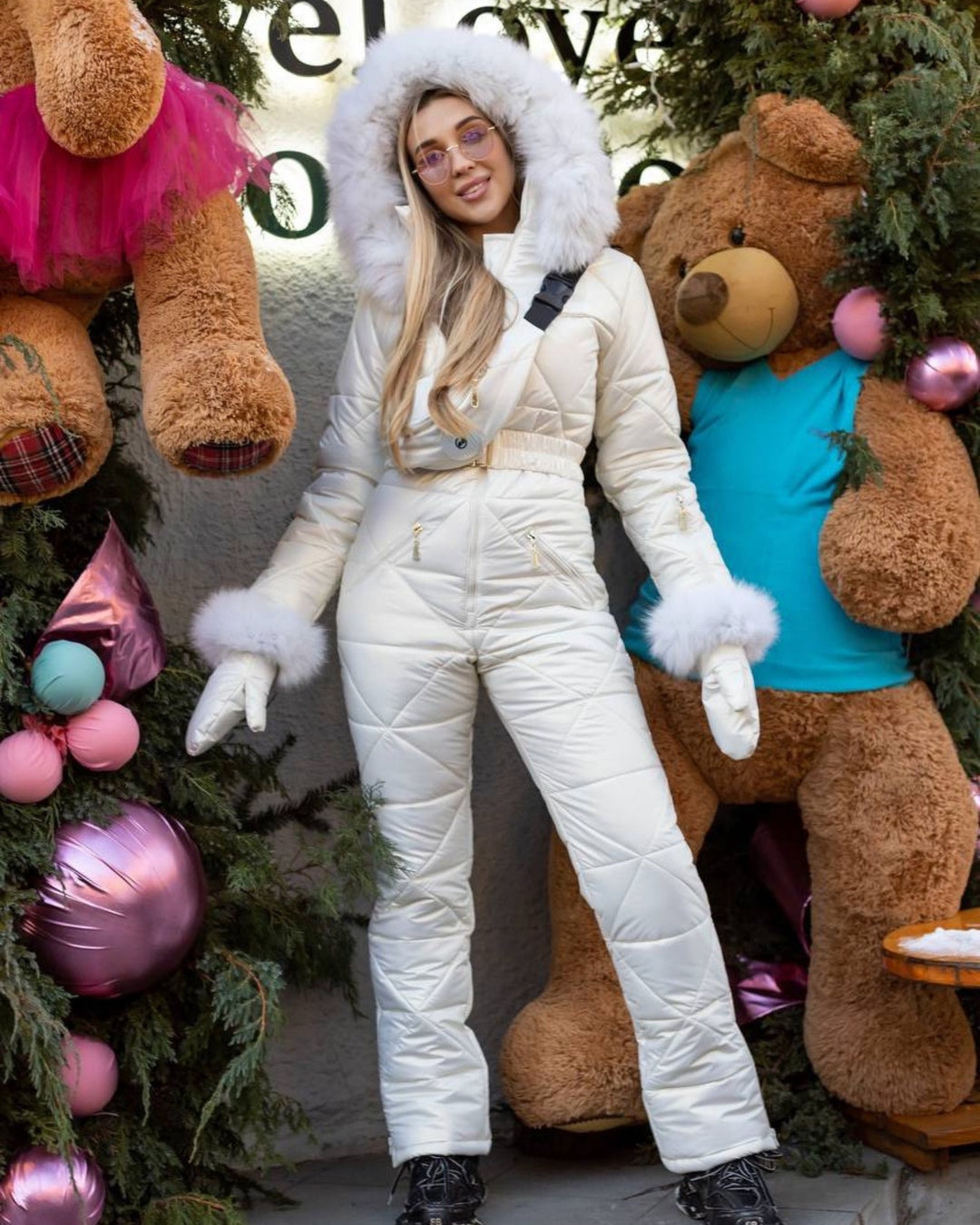 Women White Ski Suit Jumpsuit Snowsuit Snow Skiing With Hood Fashion ...