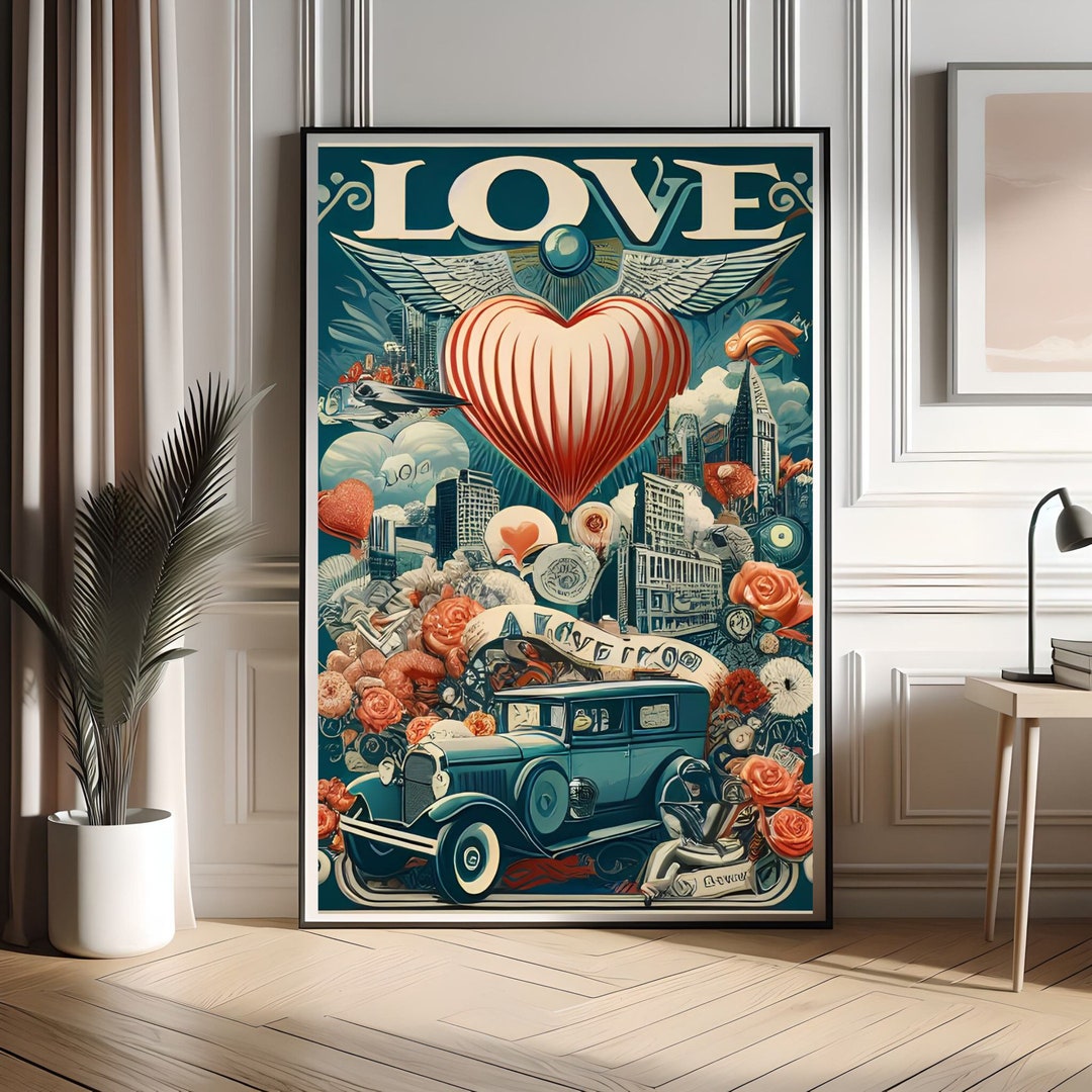 Retro Love Vintage Poster Romantic Cityscape With Classic Car, Floral ...