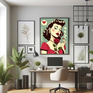 Retro Love Vintage Romantic Pop Art Poster Elegant Lady With Rose, Self ...