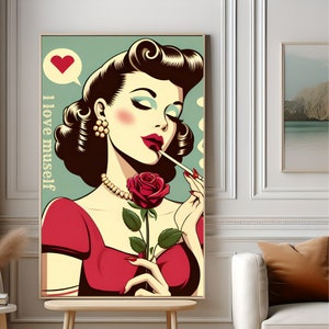 Retro Love Vintage Romantic Pop Art Poster Elegant Lady With Rose, Self ...