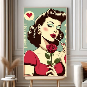 Retro Love Vintage Romantic Pop Art Poster Elegant Lady With Rose, Self ...