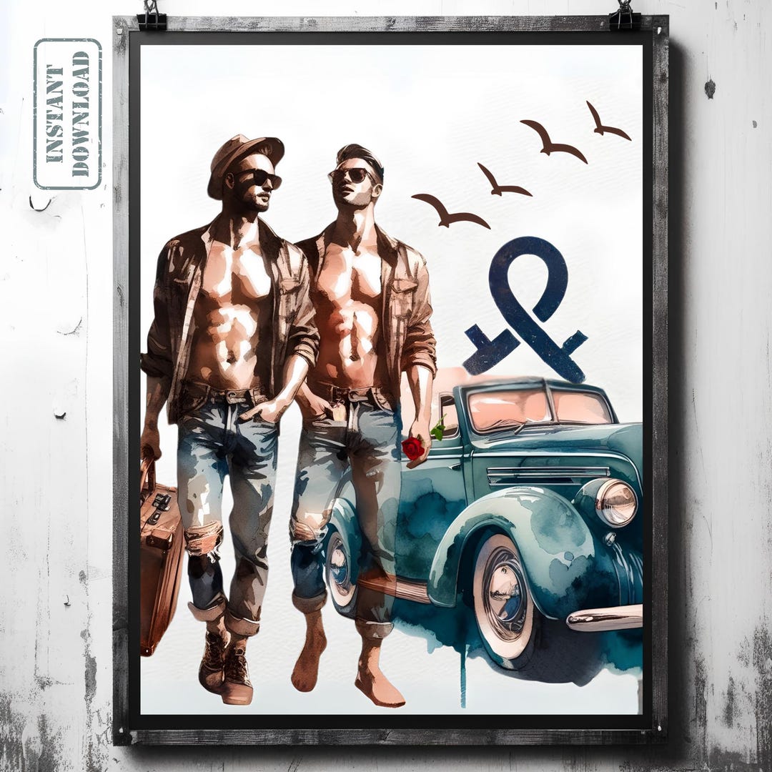 Gay Art Printe - Retro LGBTQ+ Digital Painting, Aesthetic Pride Wall ...