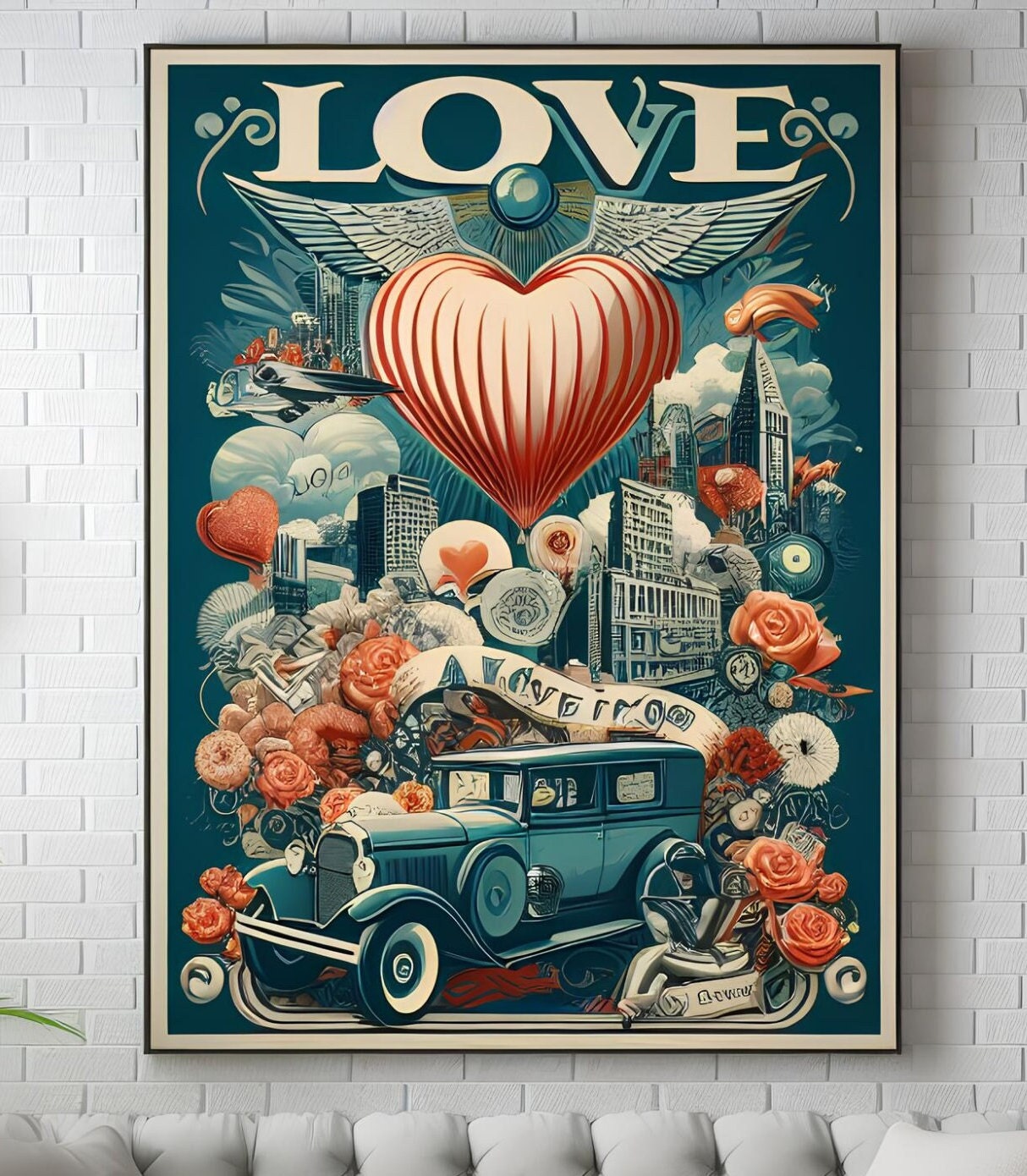 Retro Love Vintage Poster Romantic Cityscape With Classic Car, Floral ...