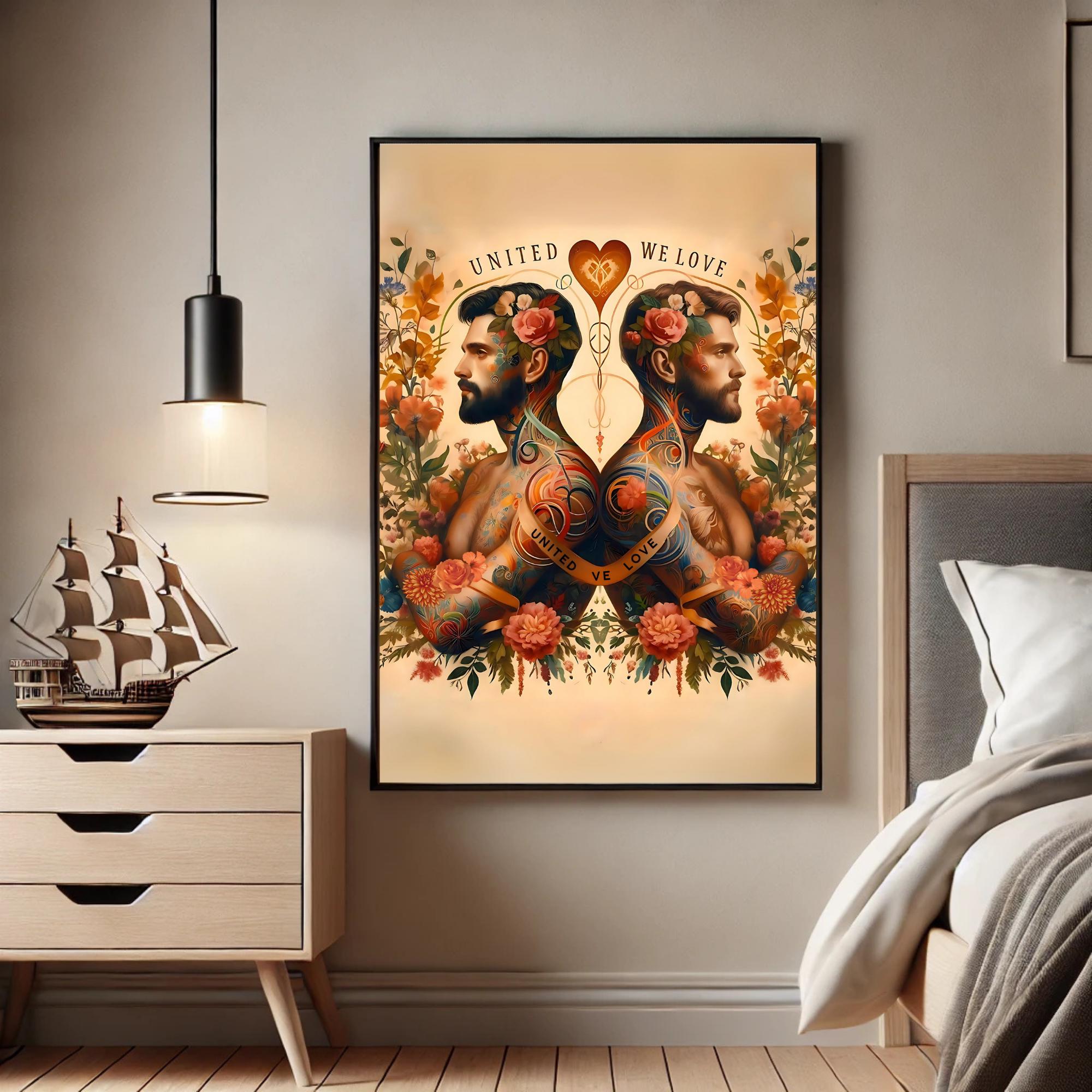 Romantic Gay Couple Wall Art - 'united We Love' LGBTQ Pride Decor With ...