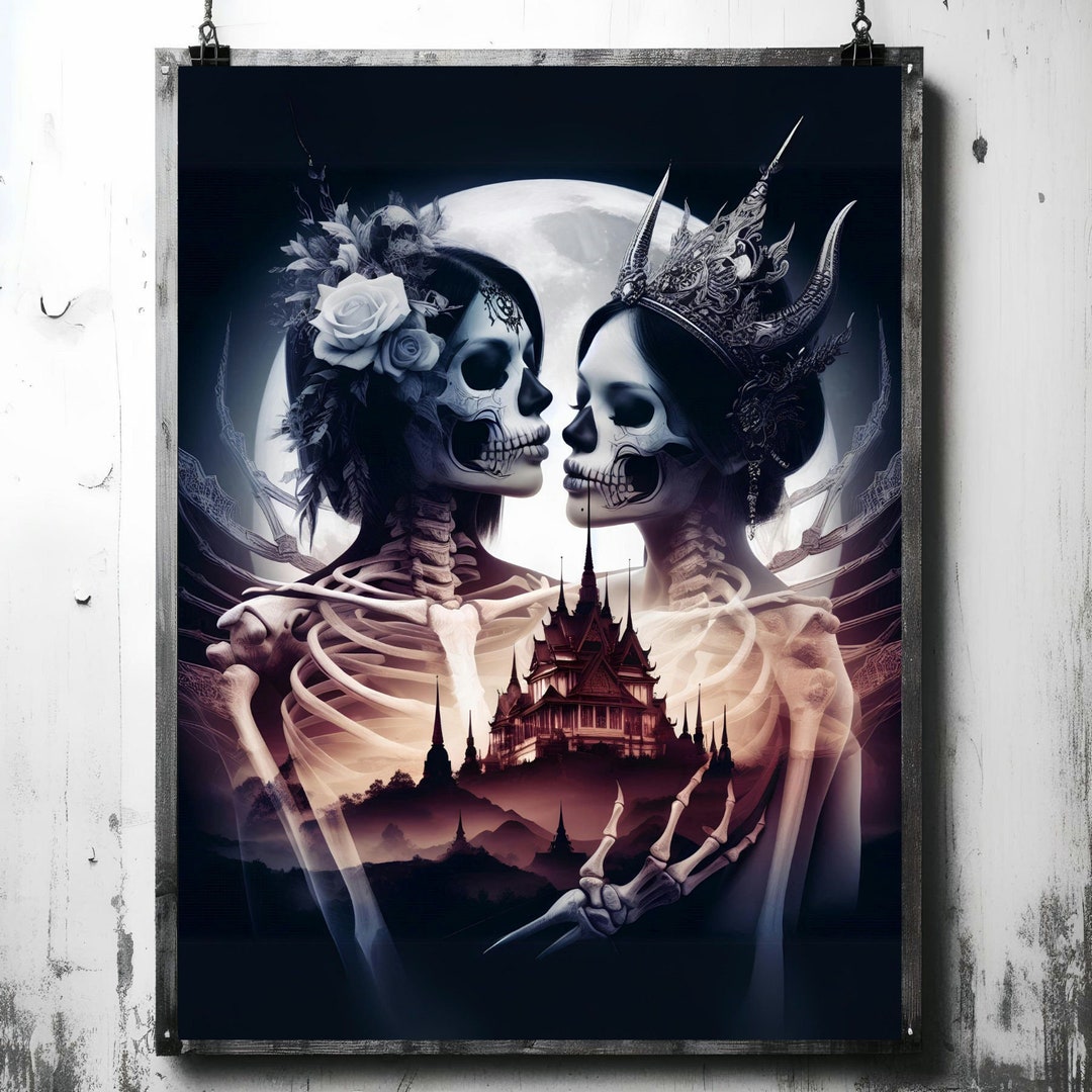 Gothic Lesbian Halloween Poster - LGBT Spooky Skeleton Romance ...