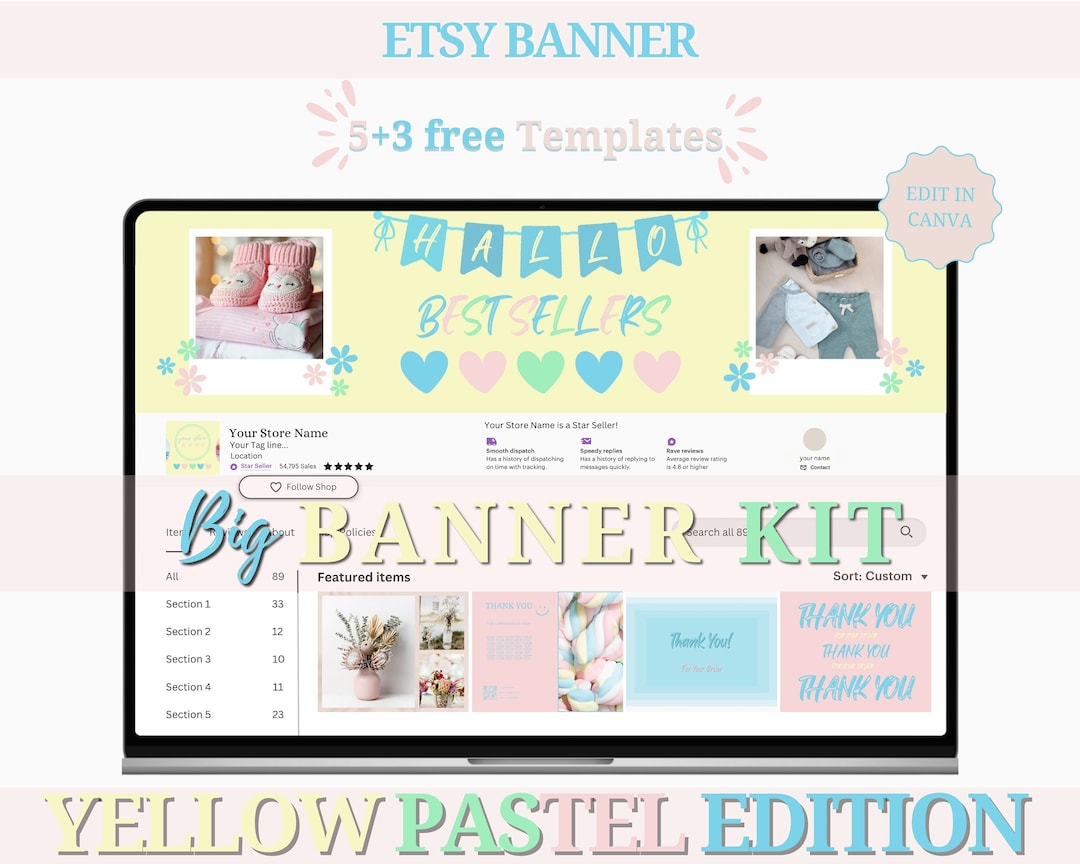 Yellow Etsy Banner Brand Kit Canva Templates Minimalist Etsy Banner ...