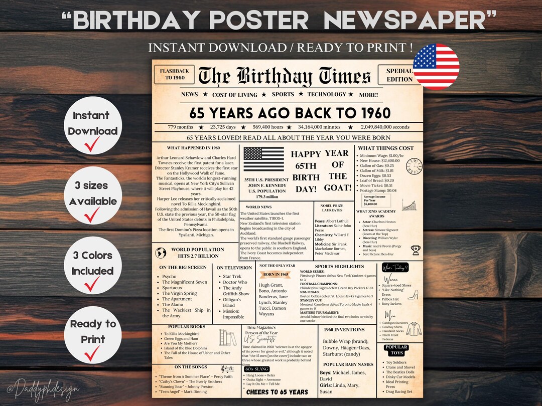 65th Birthday Newspaper Poster 1960 65th Birthday Gift for Men and ...
