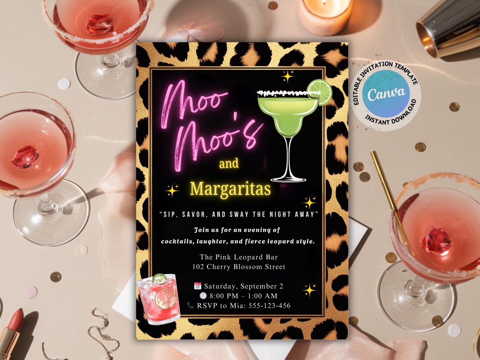 Glam Moo Moos & Margaritas Invitation Girls Night Invite Bachelorette ...