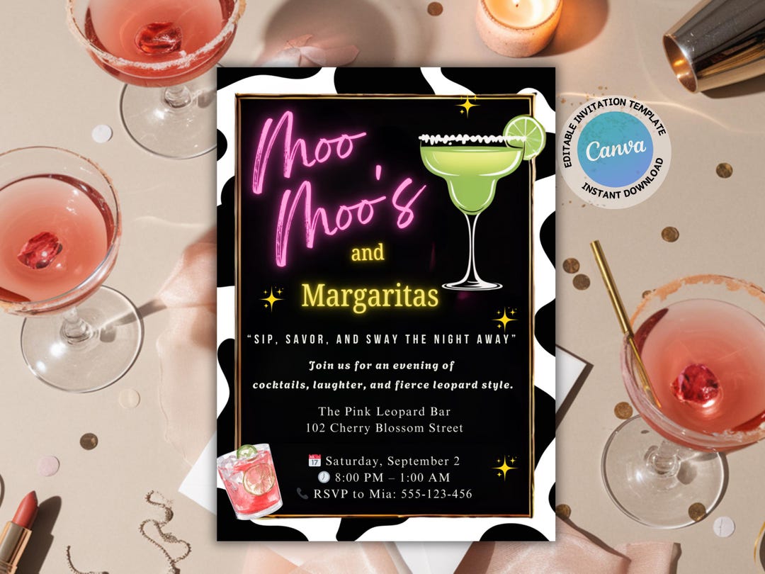 Glam Moo Moos & Margaritas Invitation Girls Night Invite Bachelorette ...