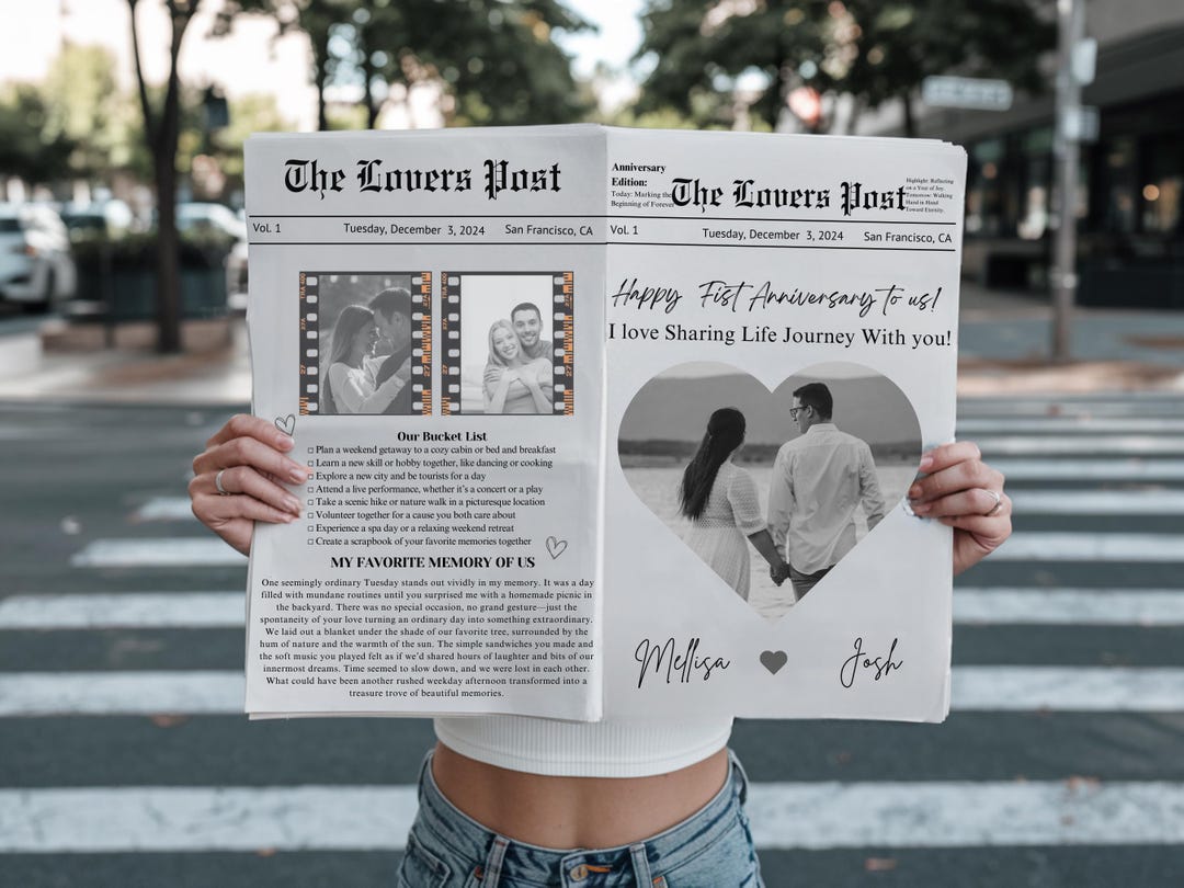 Couple Anniversary Newspaper Template 1 Year Anniversary Gift for ...