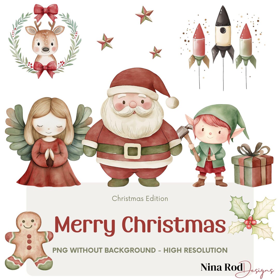 Christmas Watercolor Clipart Bundle - Santa, Elf, Angel & Holiday ...