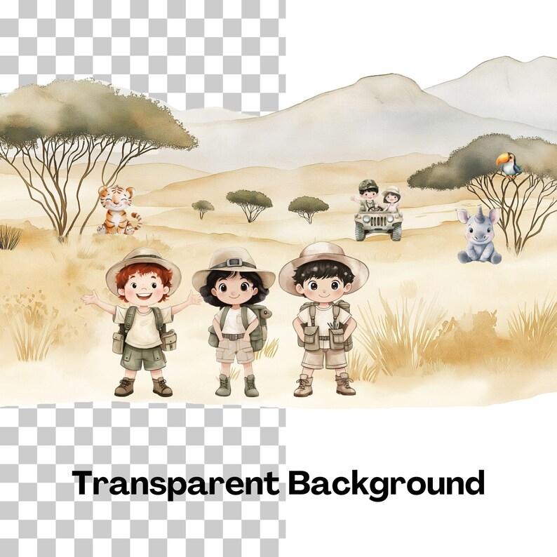 Safari Adventure Clipart Set Cute Safari Animal & Explorer Kids Png ...