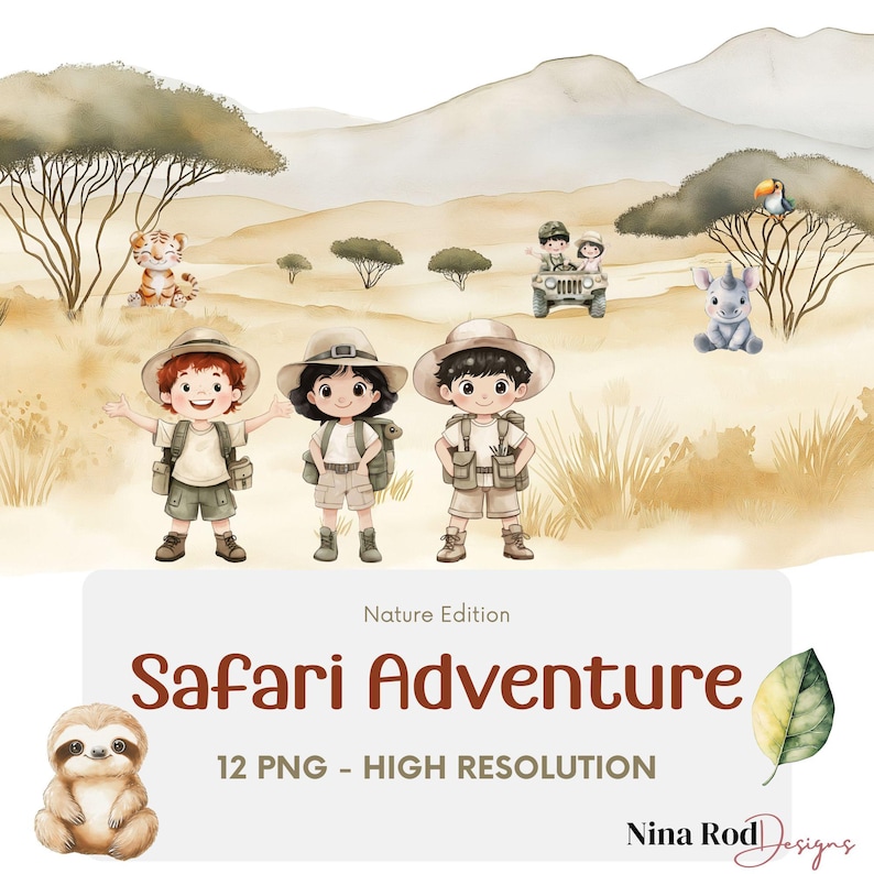 Safari Adventure Clipart Set | Cute Safari Animal & Explorer Kids Png ...