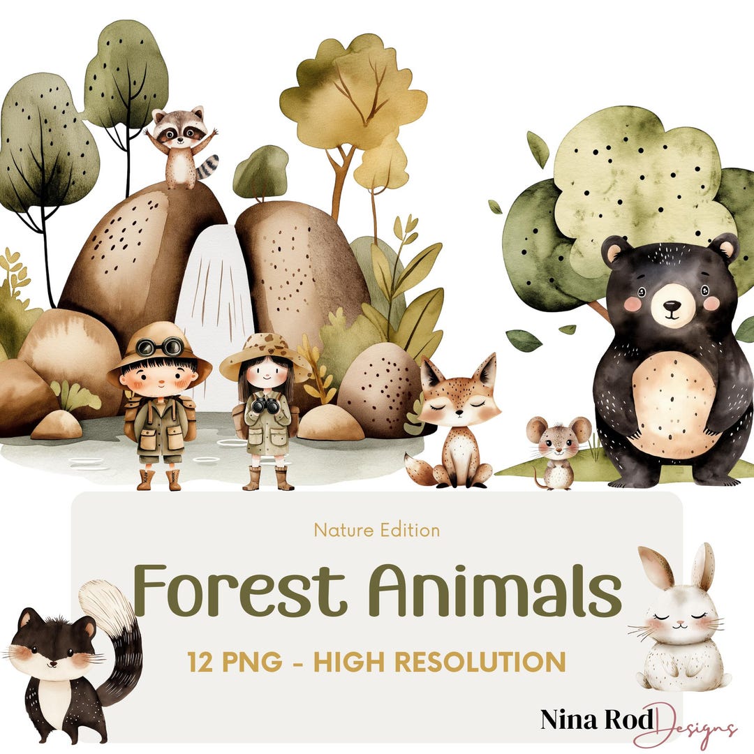 Woodland Animals Clipart Set Cute Forest Animals & Explorers Digital ...
