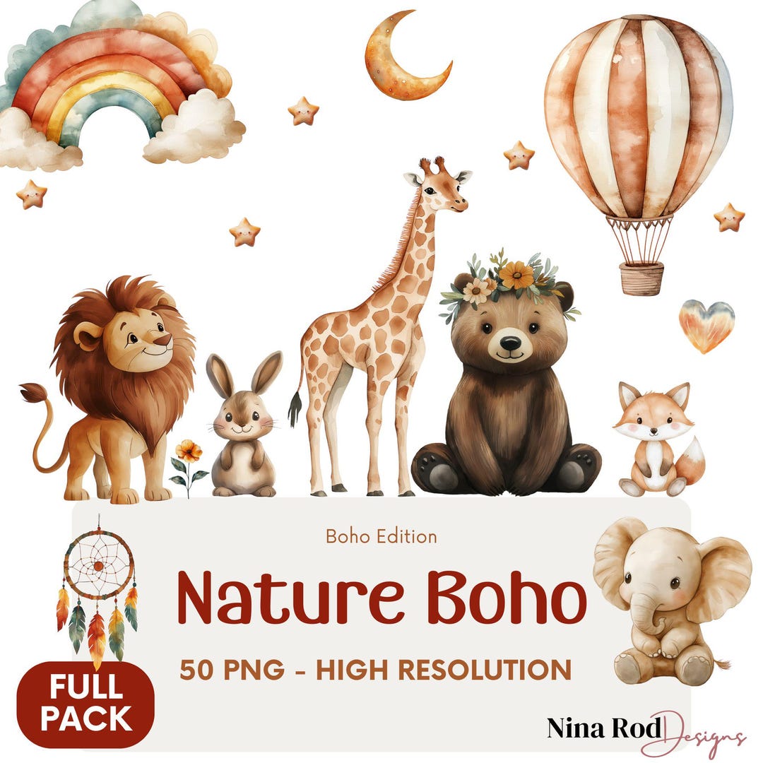 Boho Animal Clipart Bundle 50 Png Safari Animals and Boho Decor ...