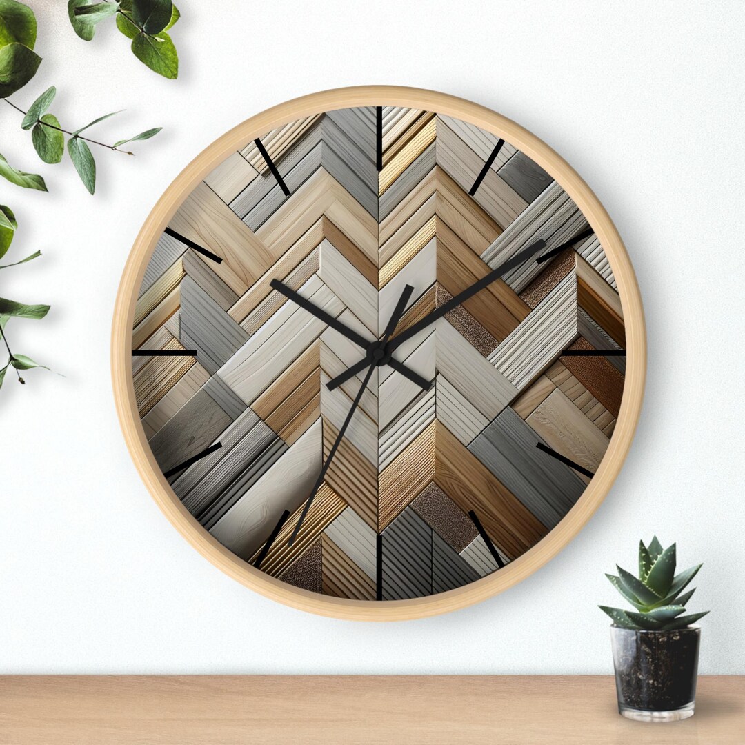 Herringbone Neutral Wood Graphic Wall Clock 10 Inch Round Wall Clock ...