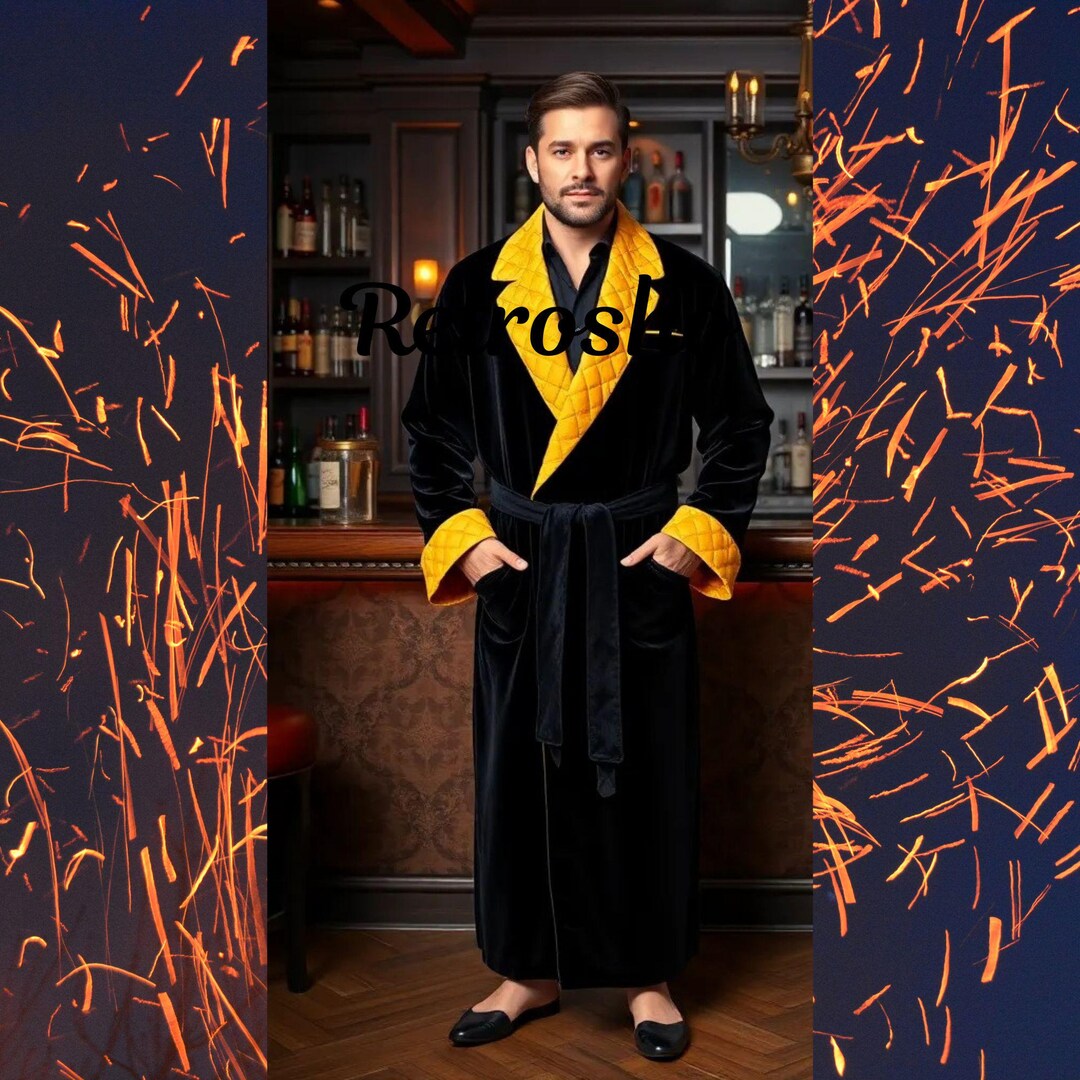 Mens Christmas Smoking Coat Black Robe With Quilted Golden Lapel for ...