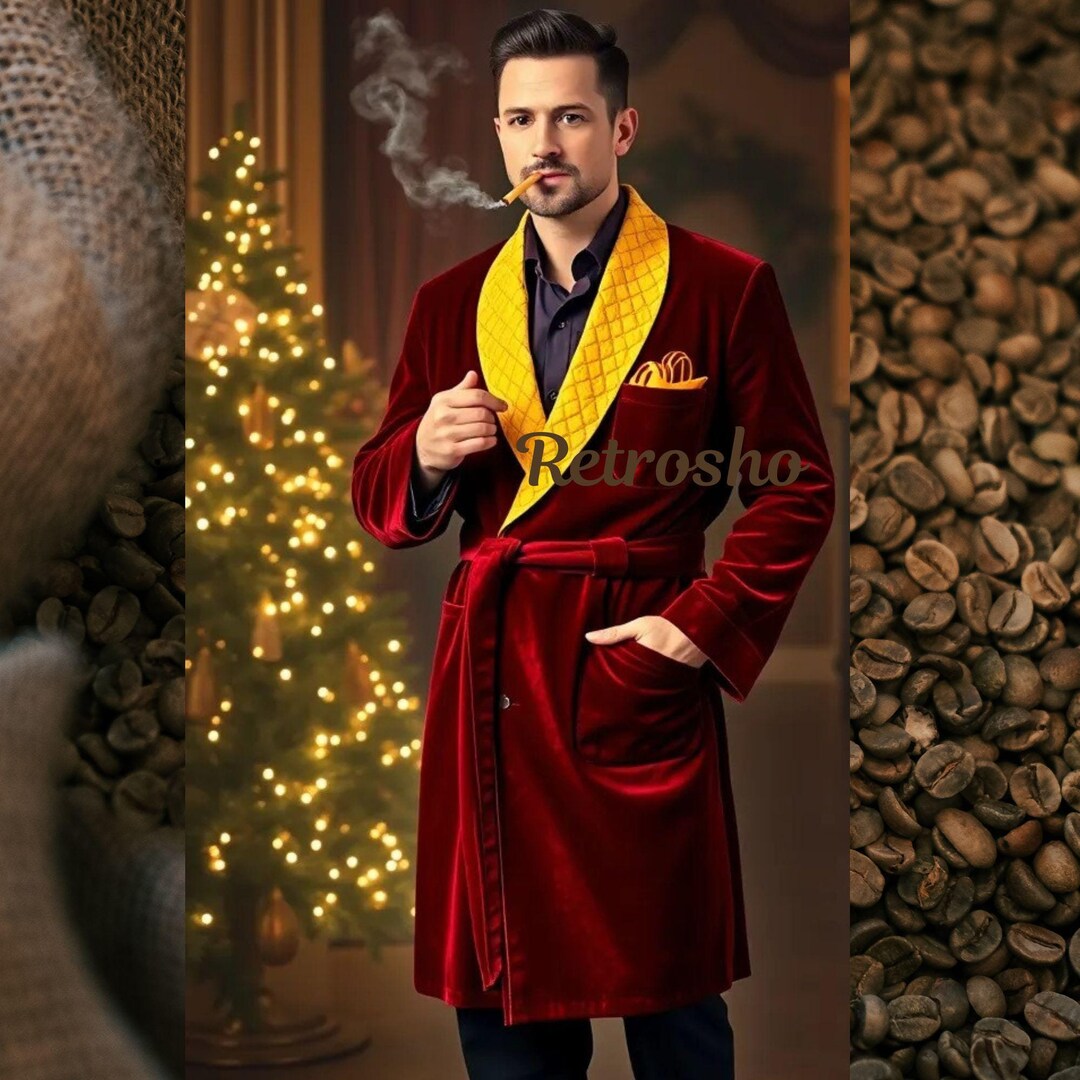 Men's Christmas Smoking Coat Red Velvet Robe With Quilted Golden Lapel ...