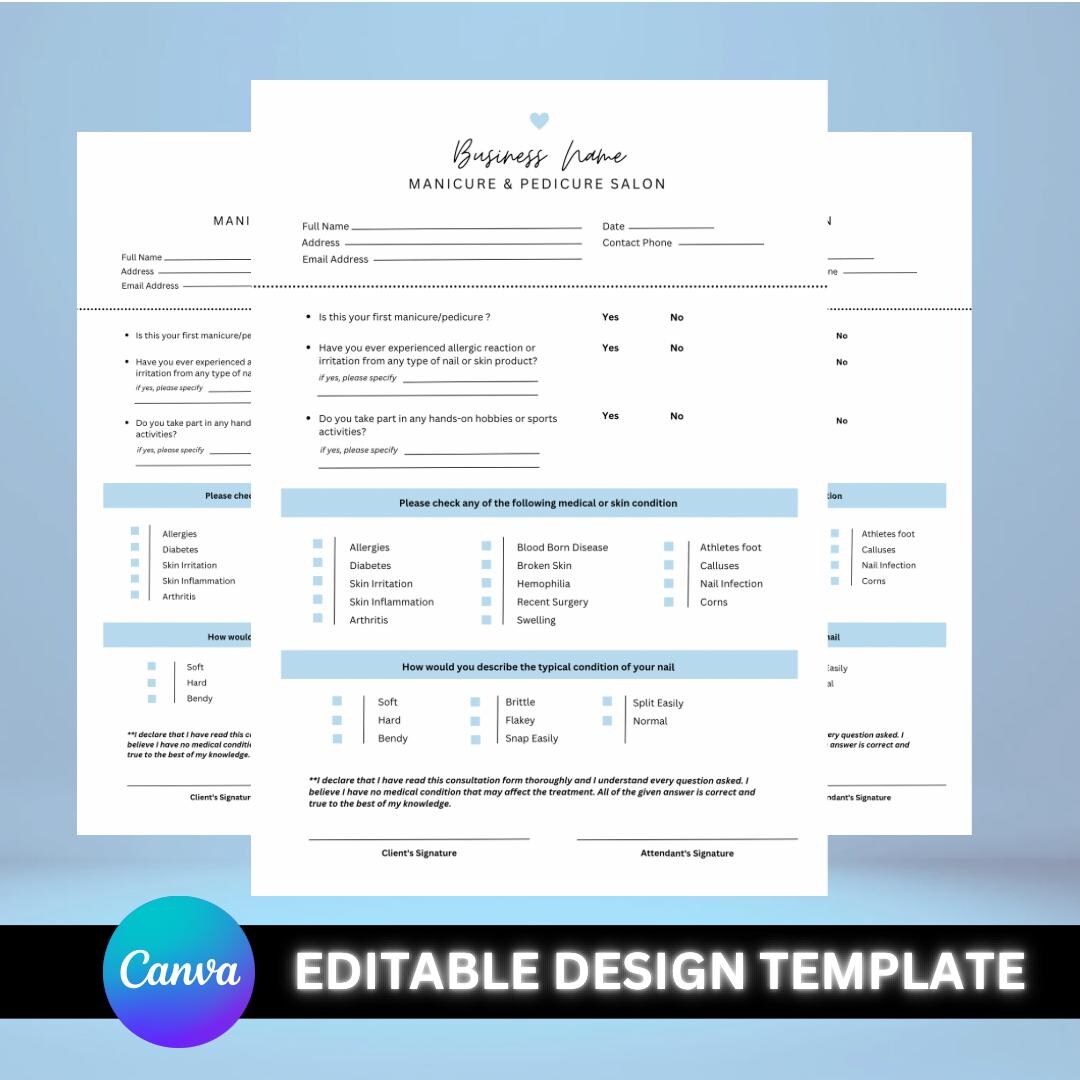 Nail Salon Client Intake Form, Manicure & Pedicure Consultation, Nail ...