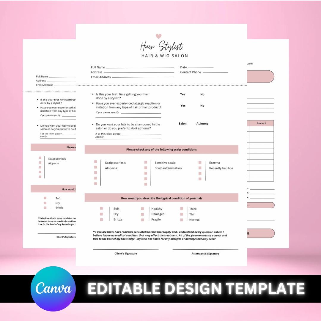Editable Hair Stylist Client Intake Form, Hair & Wig Consultation ...