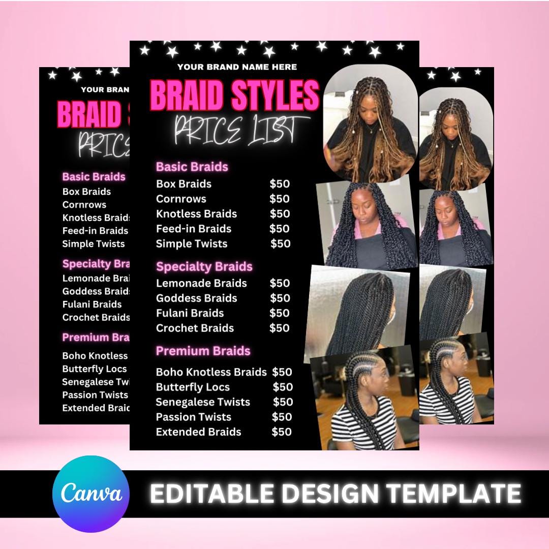 Braids Pricelist, DIY Flyer Template Design, Hair Styles Braiding Price ...