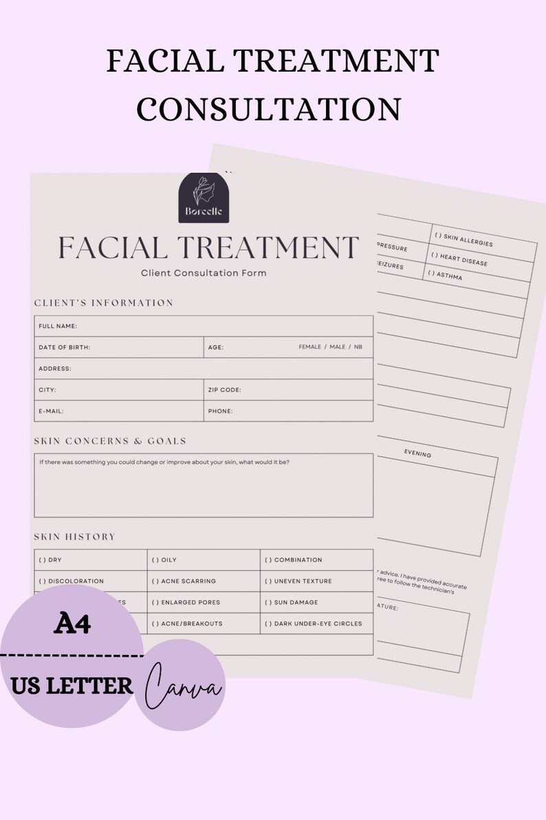 Facial Treatment Intake Form, Skincare Consultation, Esthetician Forms ...