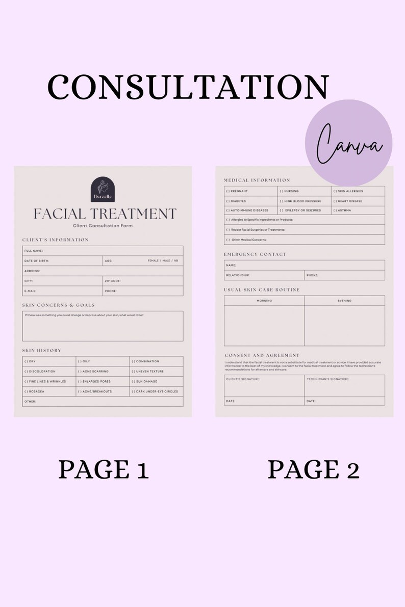 Facial Treatment Intake Form, Skincare Consultation, Esthetician Forms ...