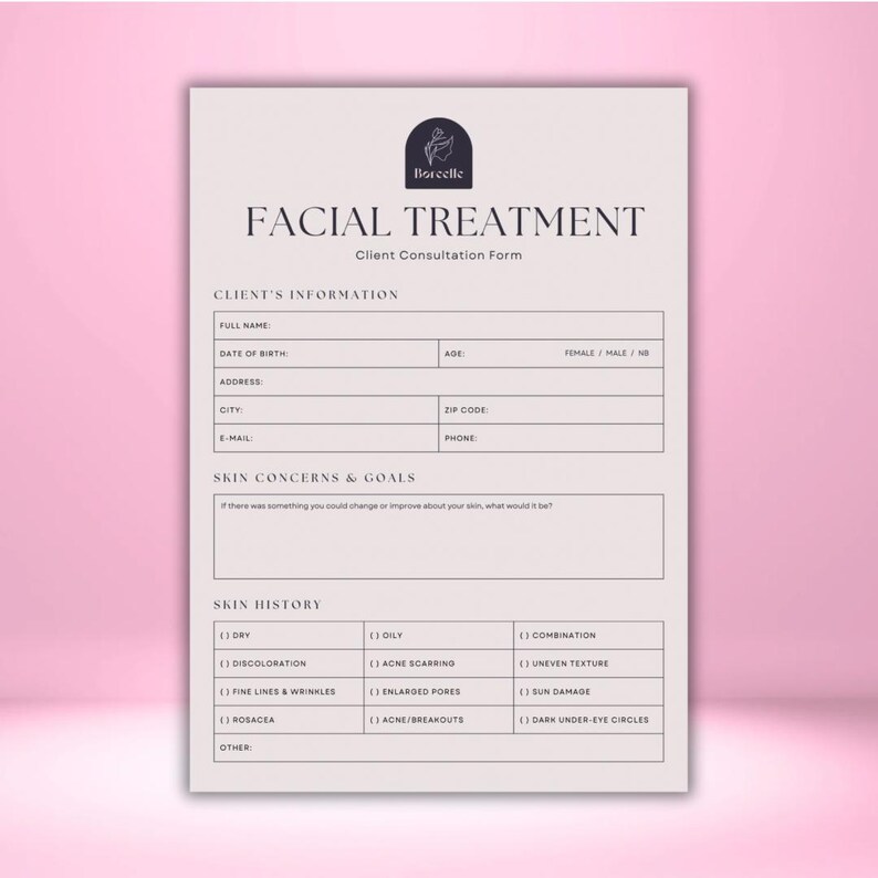 Facial Treatment Intake Form, Skincare Consultation, Esthetician Forms ...