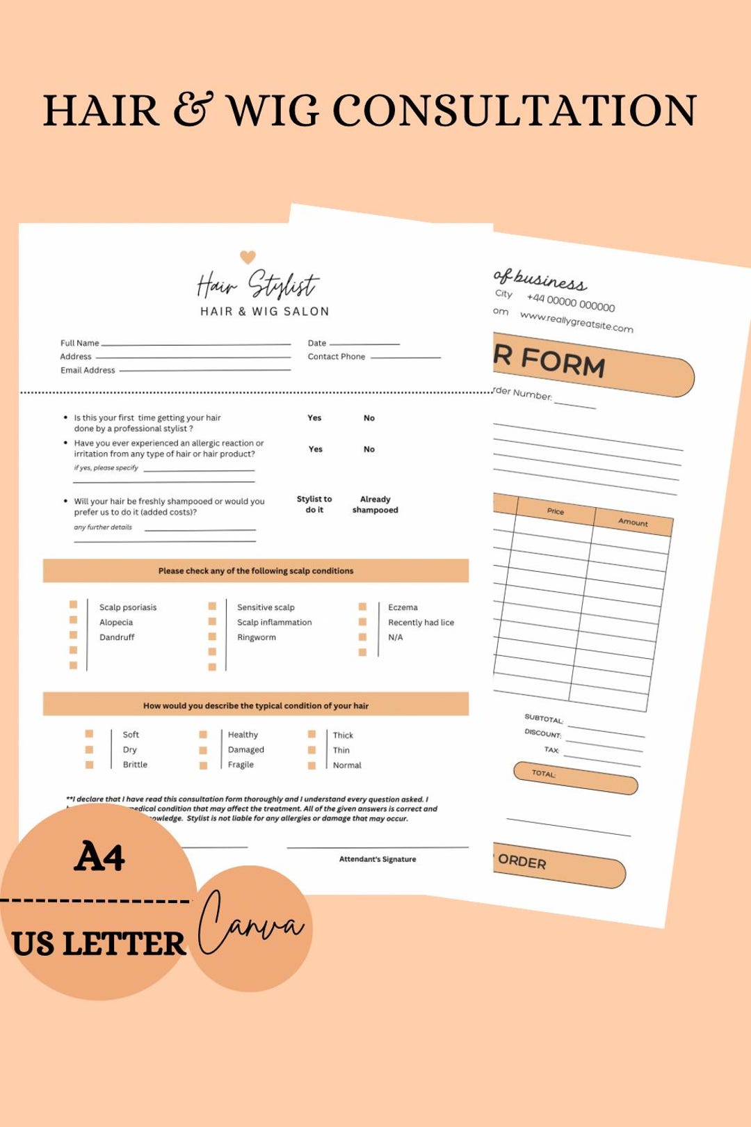 Hair Stylist Client Intake Form, Hair & Wig Consultation, Haircare ...