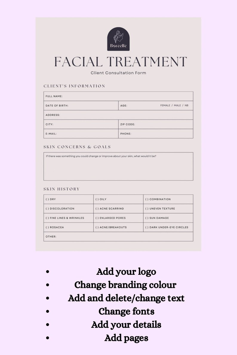 Facial Treatment Intake Form, Skincare Consultation, Esthetician Forms ...