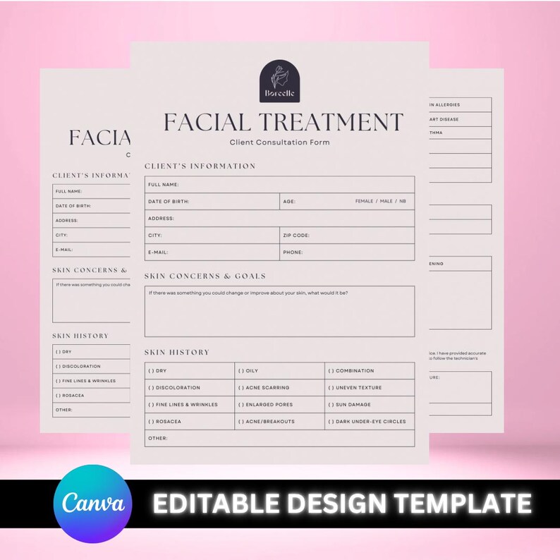 Facial Treatment Intake Form, Skincare Consultation, Esthetician Forms ...